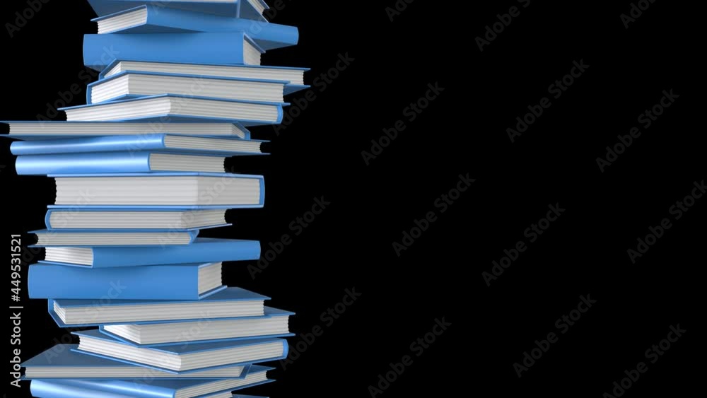 Stack of blue books isolated on black text space. Loop able 3d ...