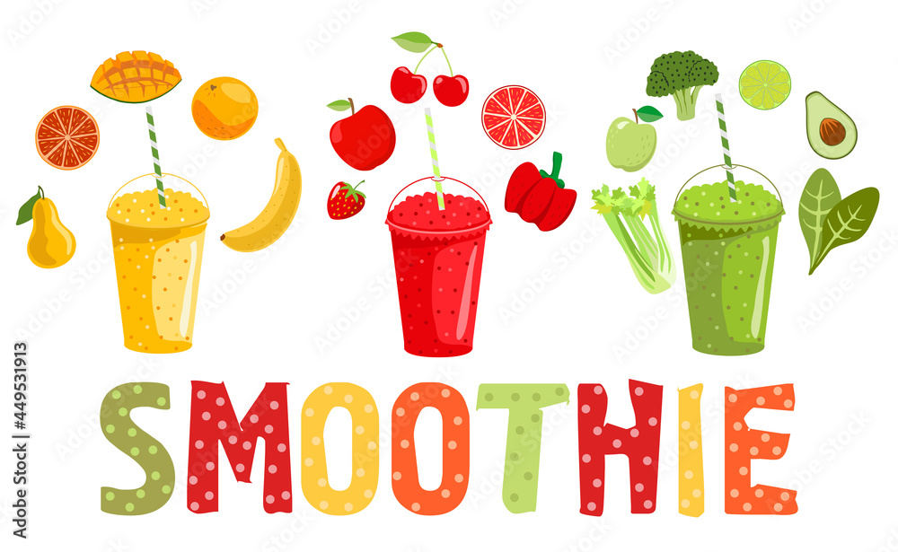 Smoothie fruits and vegetables. Cartoon smoothies in a flat style ...