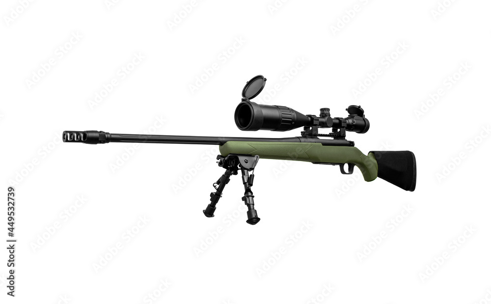 A modern bolt-action sniper rifle with a telescopic sight sits on a ...