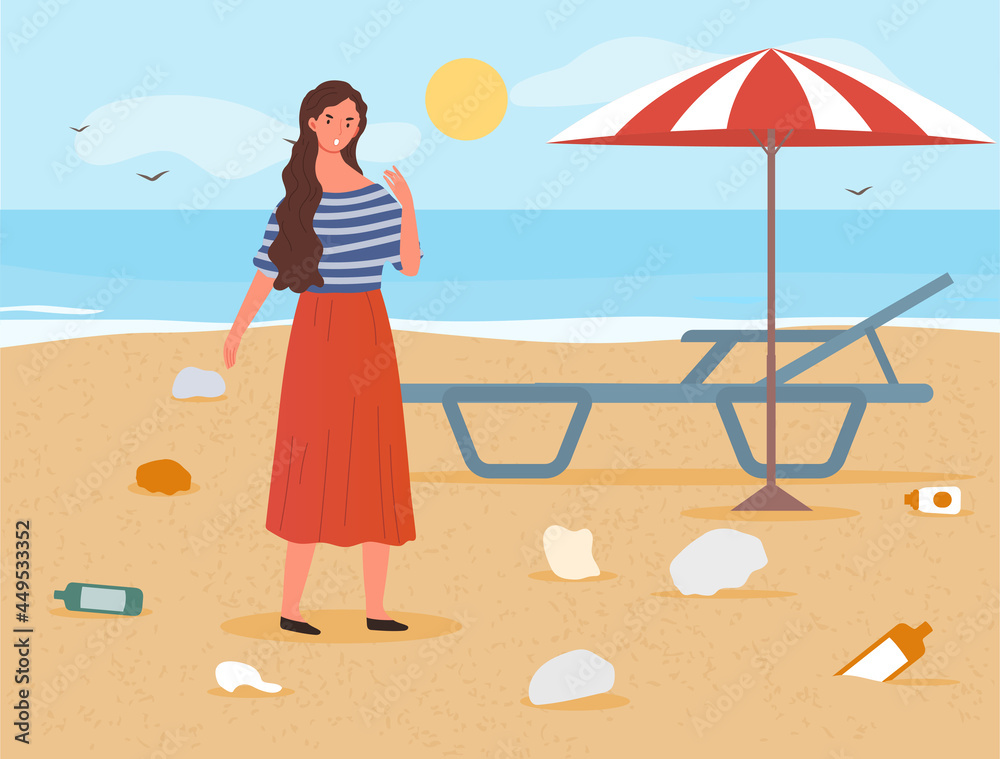 Dirty beach concept. Woman surprised by garbage on sand of sea coast ...