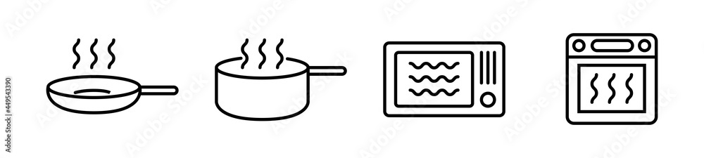 Cooking mode black icons vector set. Isolated Pan, Microwave, Stove ...