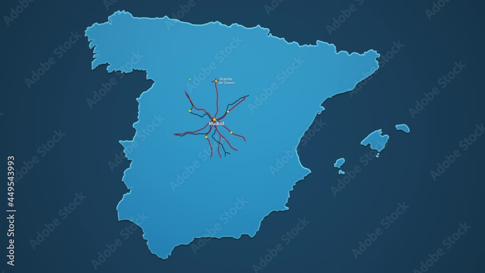 Light blue map of Spain with cities, roads and railways on a dark blue ...