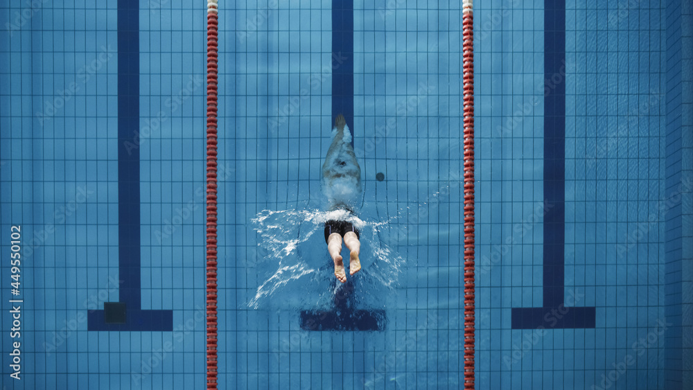 Aerial Top View Male Swimmer Jumping, Diving into Swimming Pool ...
