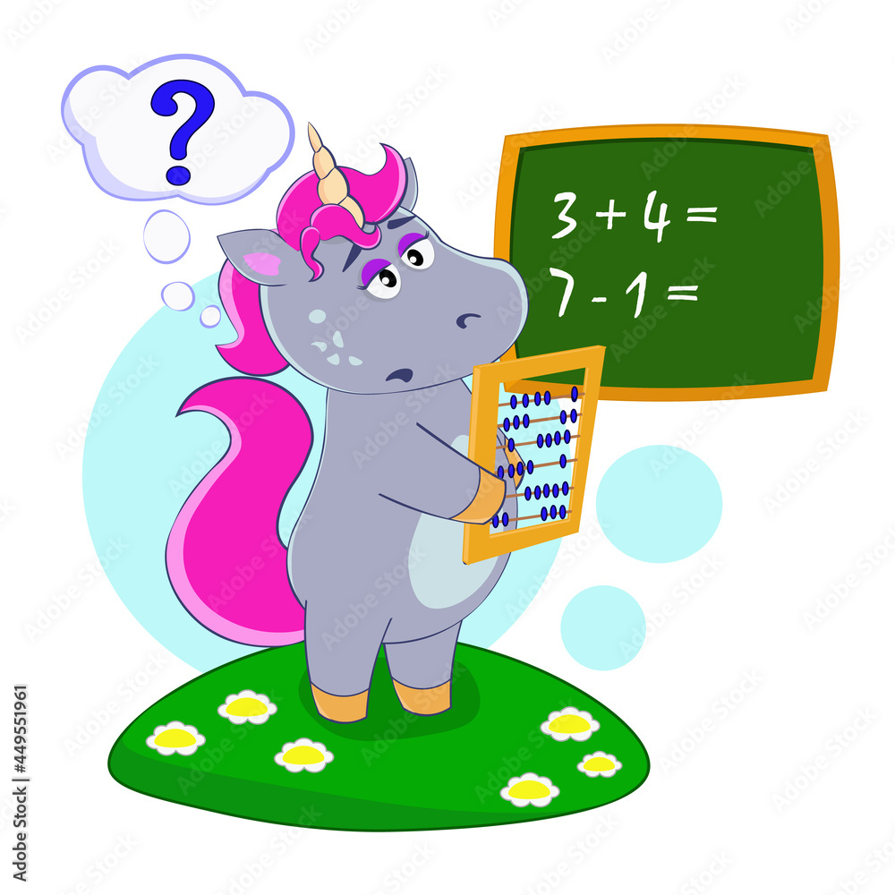 Cartoon unicorn counting examples on board Stock Vector | Adobe Stock