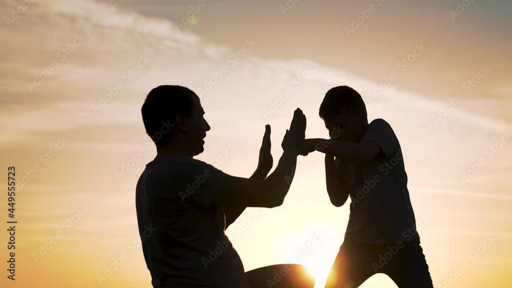 Happy family in park. Father and son boxing in park at sunset ...