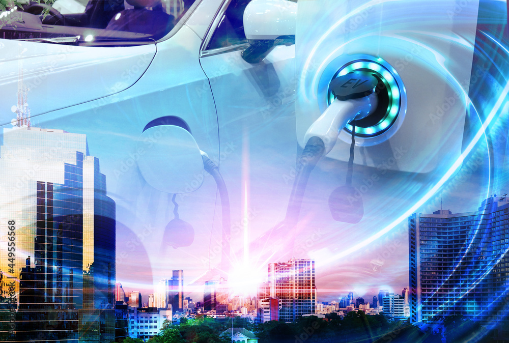 EV Car or Electric vehicle concept with double exposure on cityscape ...
