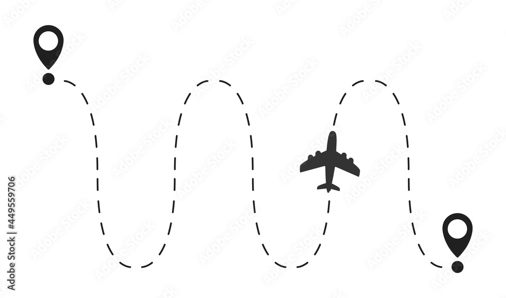 Airplane path vector icon, route dotted line, with start point and end ...