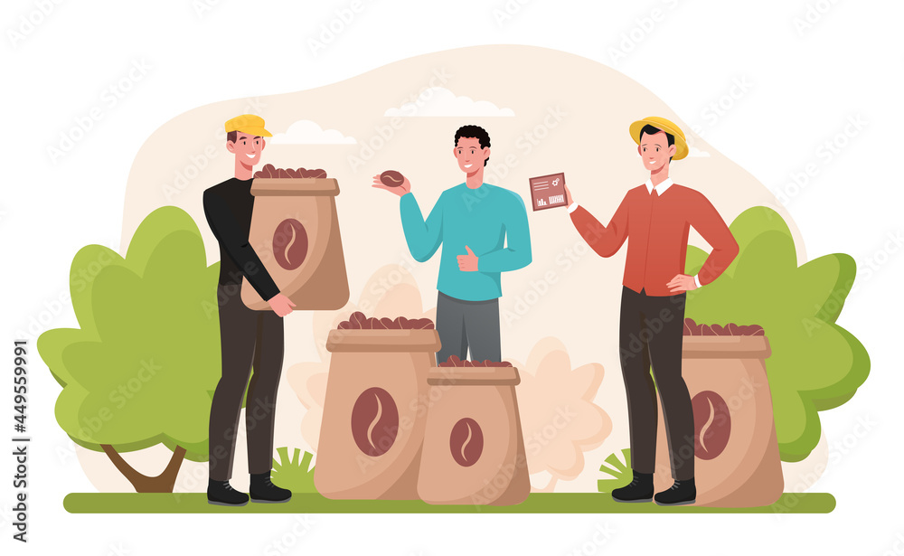Farmer in coffee plantation supply beans to coffee maker. High quality ...