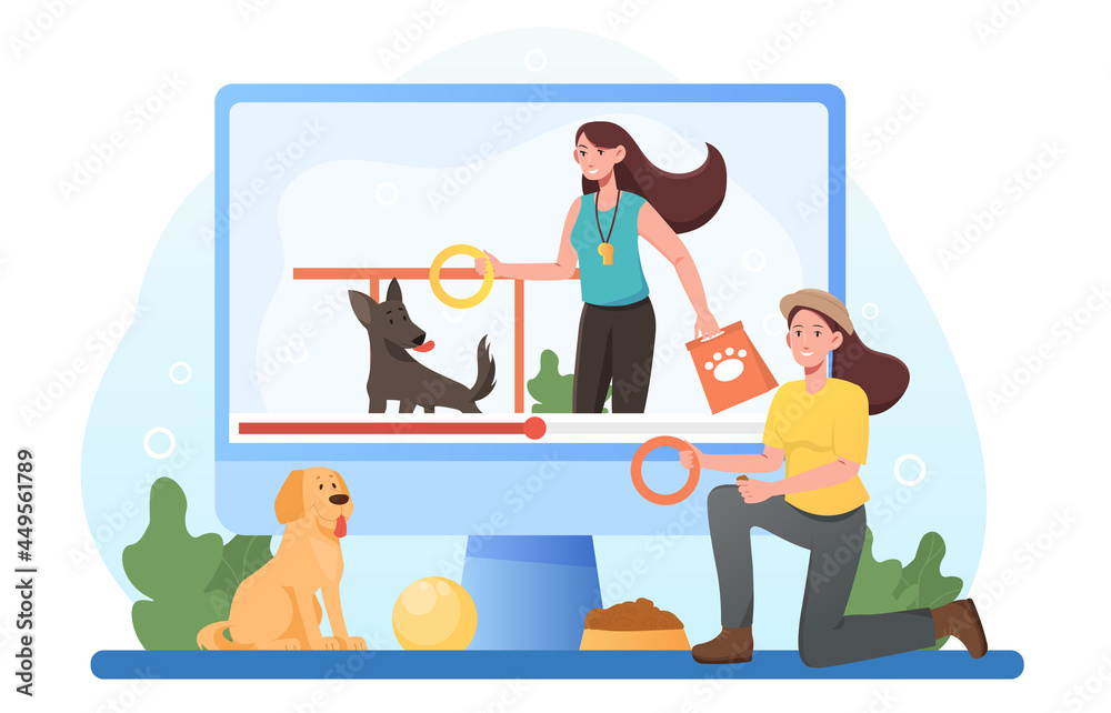 Online pet training mentor. Educational video course. Woman give dog ...