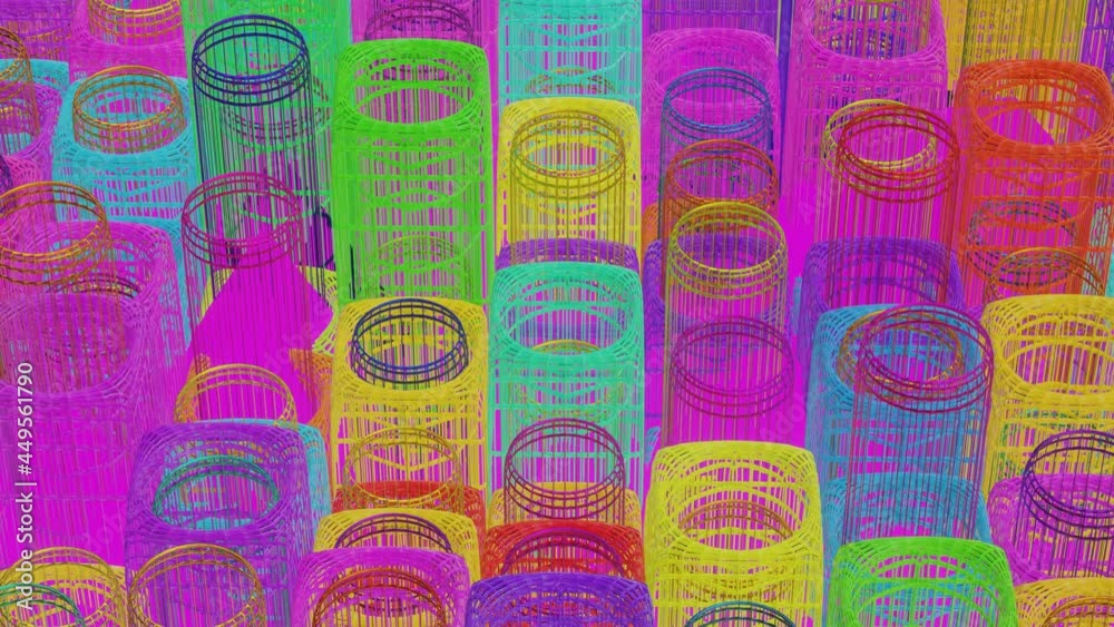 rows of multi-colored wireframe rectangles rise and fall. looped ...