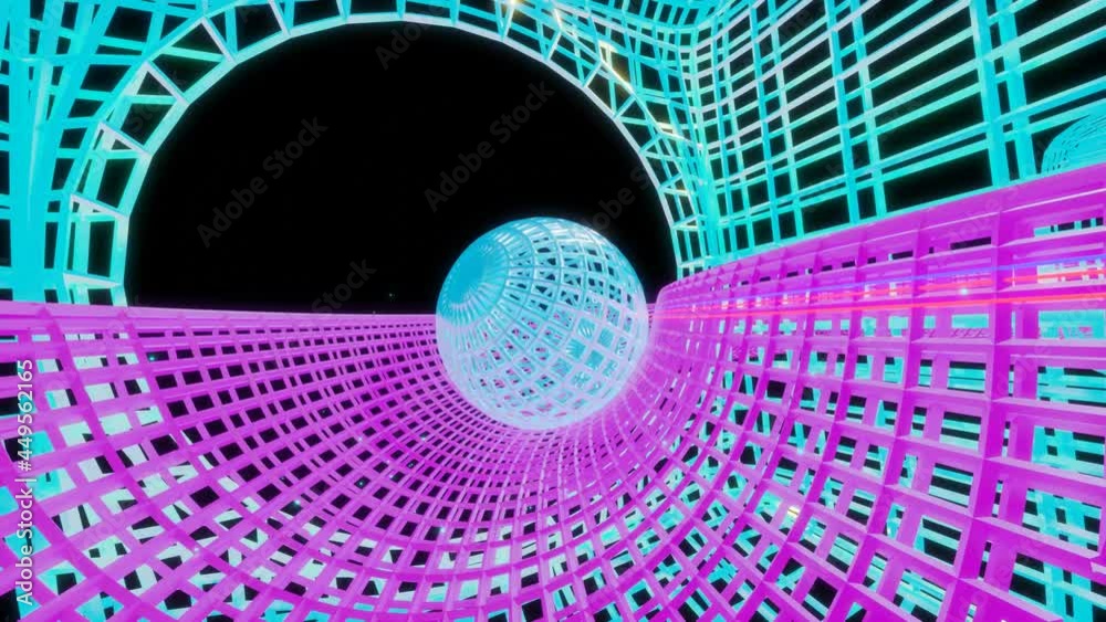 Vidéo Stock 3D glowing wire frame of a sphere rolls along a purple wire ...