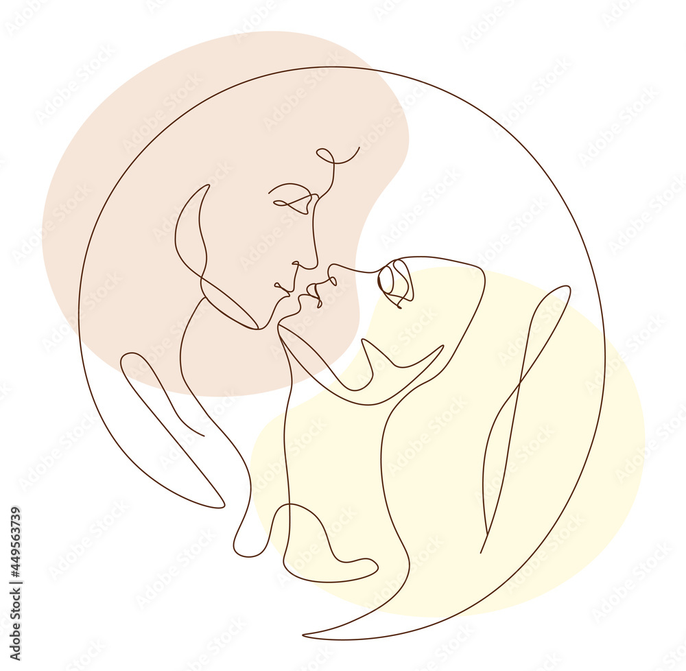 Just married couple faces kissing in romantic pose. Continuous linear ...