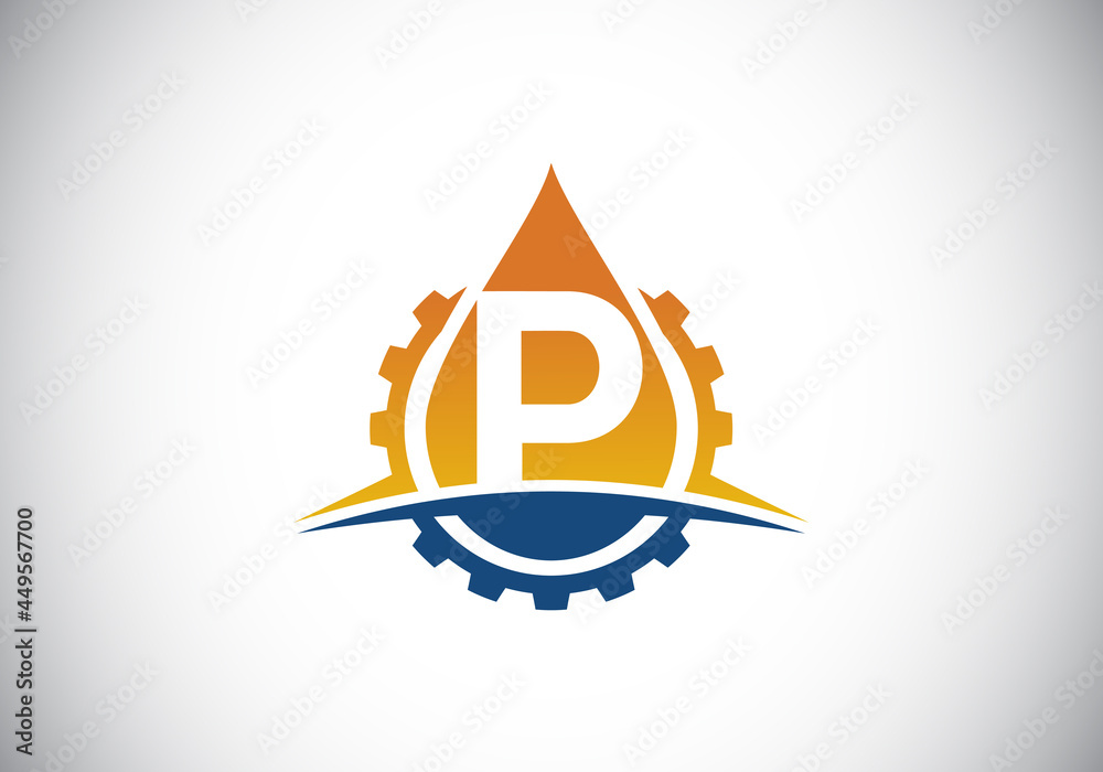 Initial P monogram alphabet with gear swoosh and oil. Oil and gas logo ...
