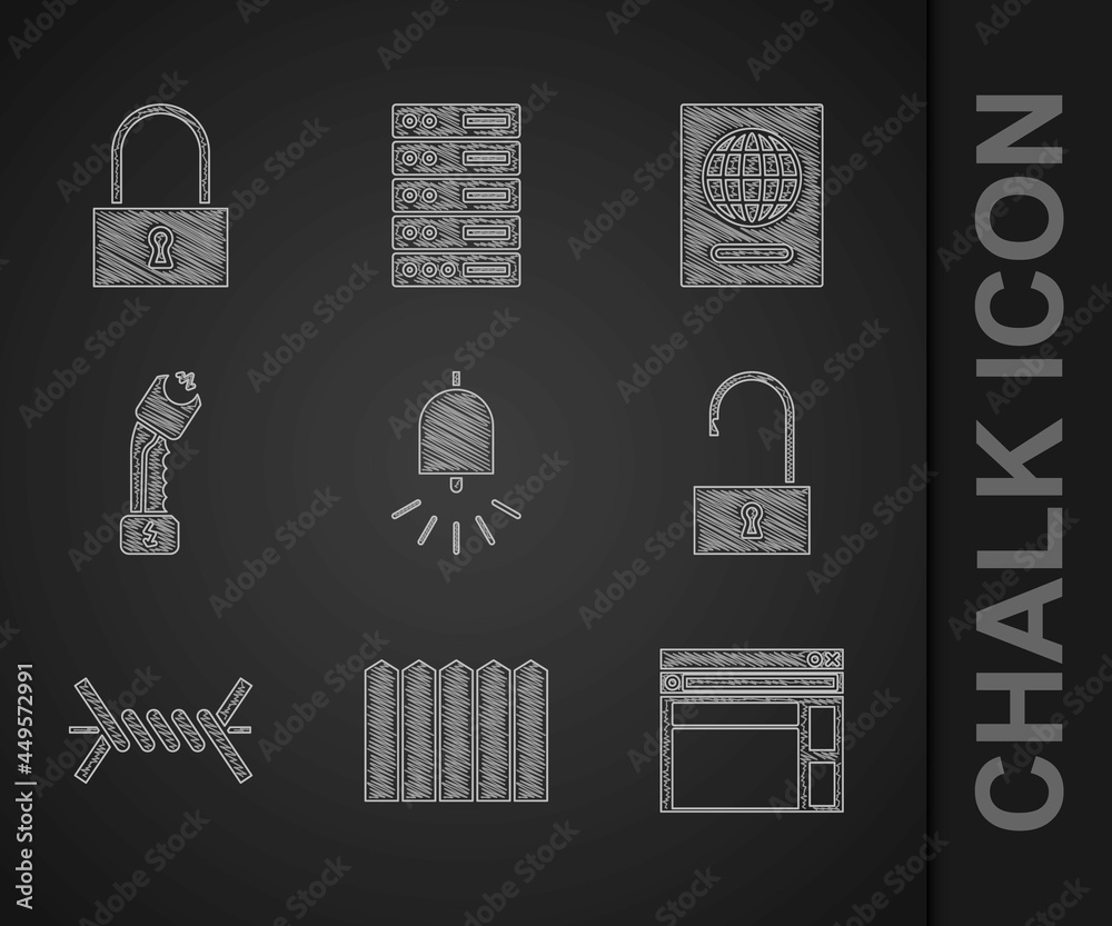Set Ringing alarm bell, Garden fence wooden, Website template, Open padlock, Barbed wire, Police ...