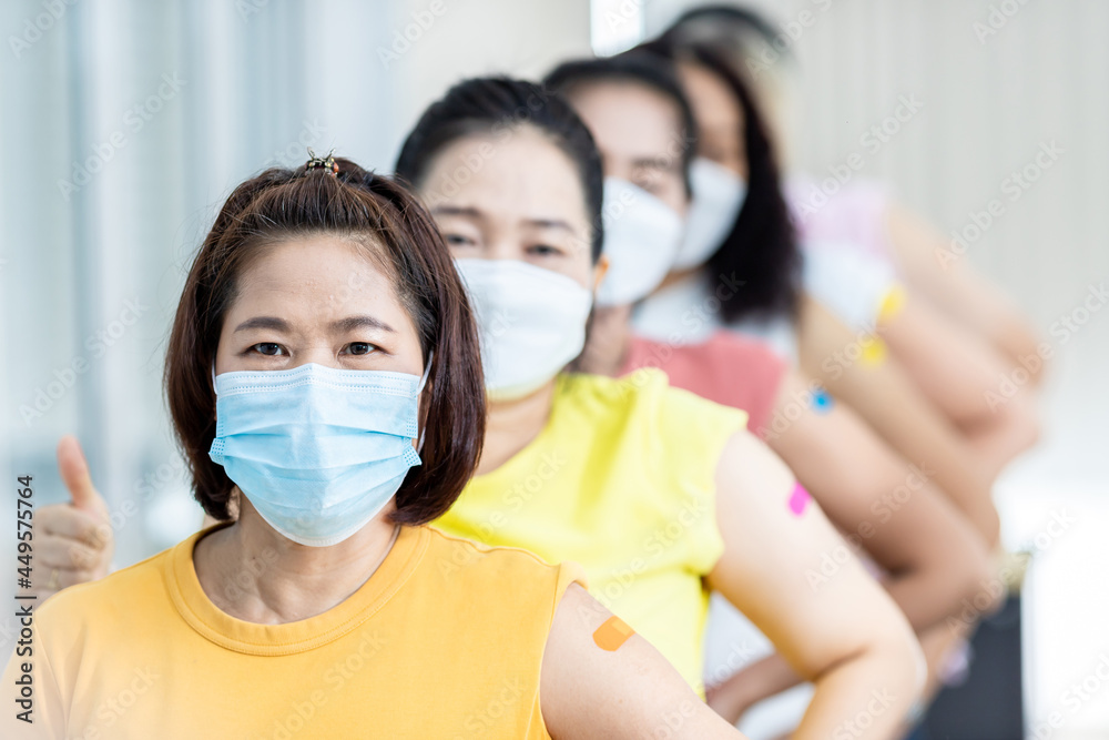 Group of people after getting the covid-19 vaccine, composite shot. A ...
