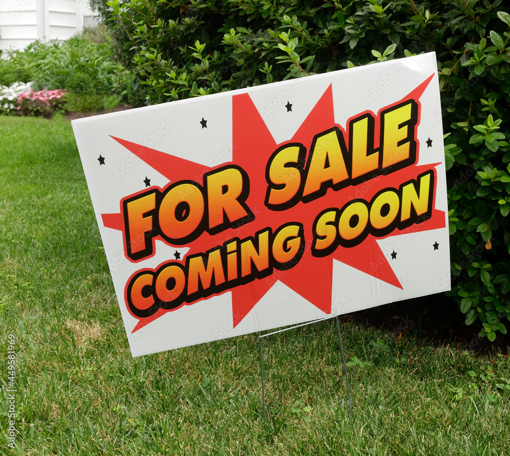 FOR SALE COMING SOON real estate sign on lawn. Stock Photo | Adobe Stock