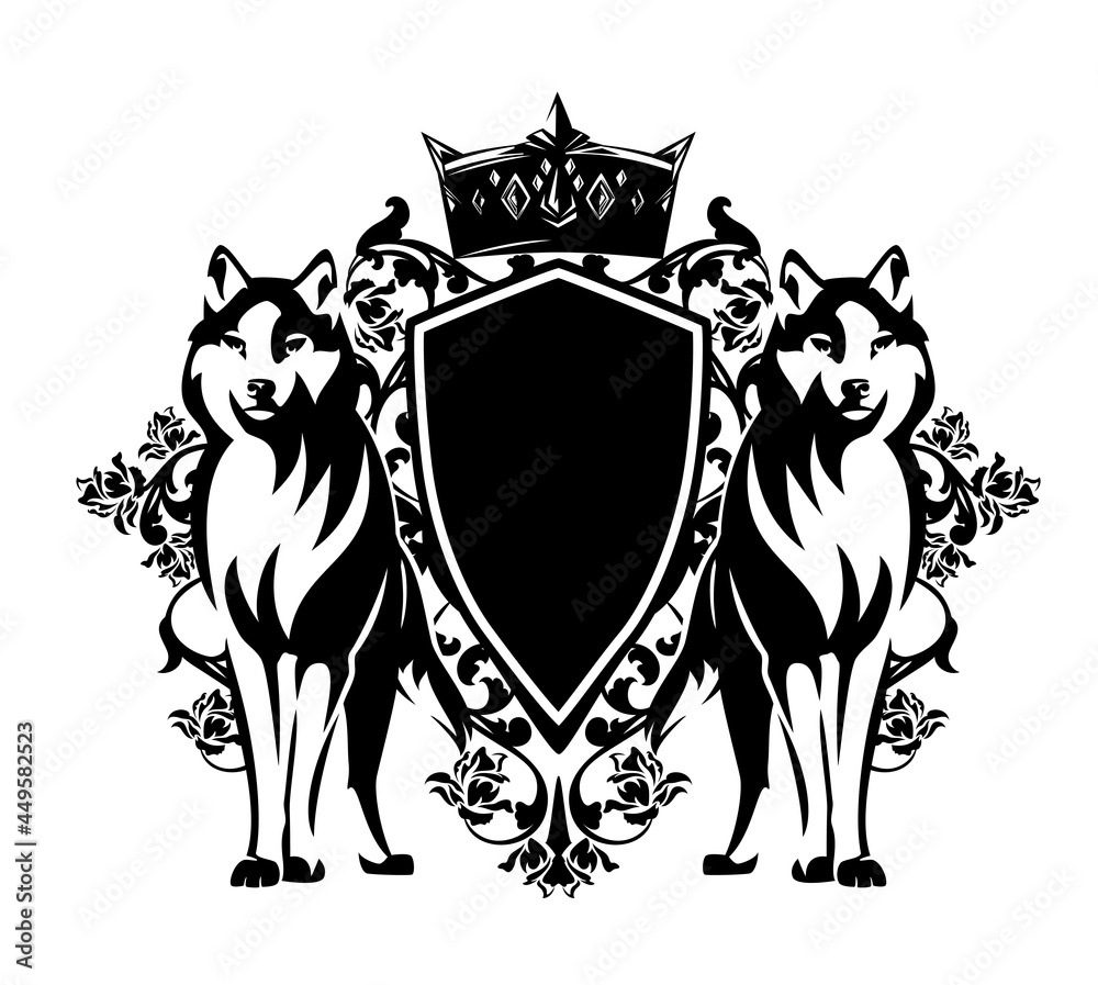 pair of standing wolves with heraldic shield and royal crown - medieval ...