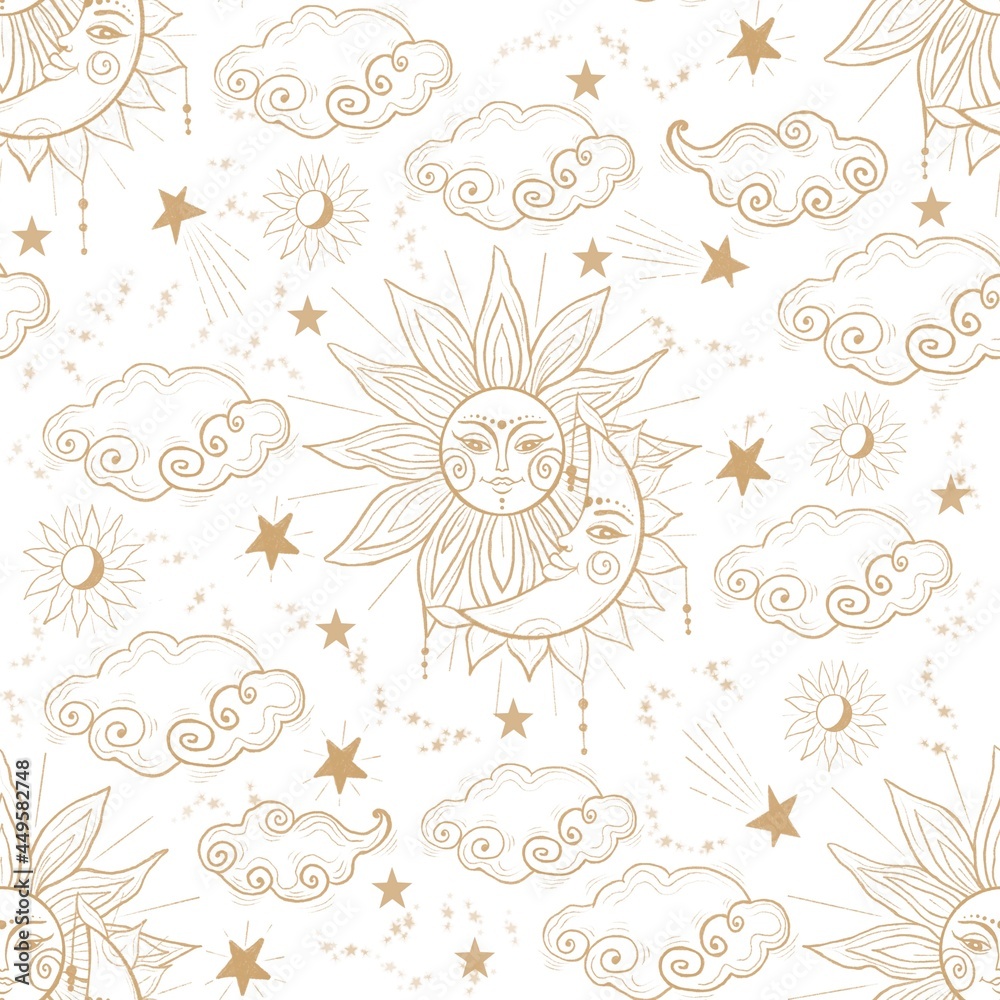 Celestial seamless pattern background with sun, moon, stars and clouds ...