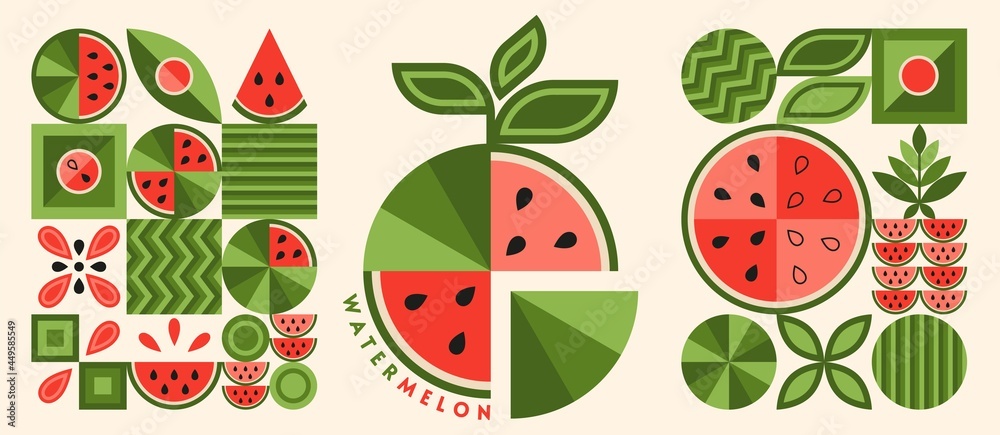 Set of watermelon elements and logo in simple geometric forms. Abstract ...