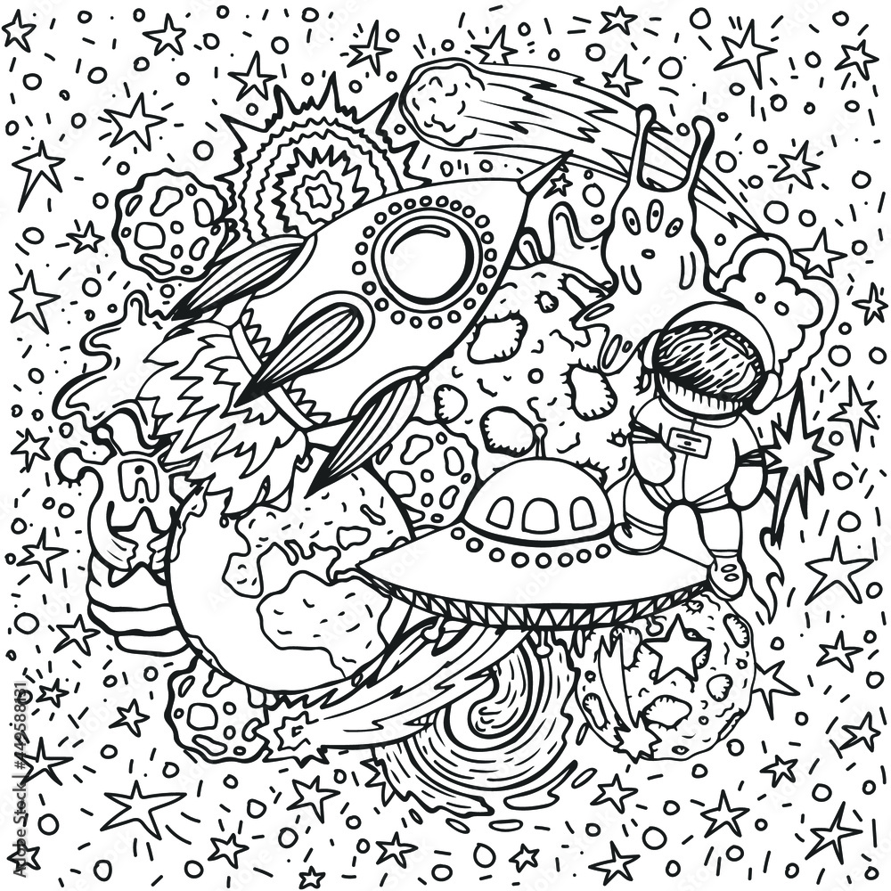 Cheerful vector hand drawn illustration about the adventures of an ...