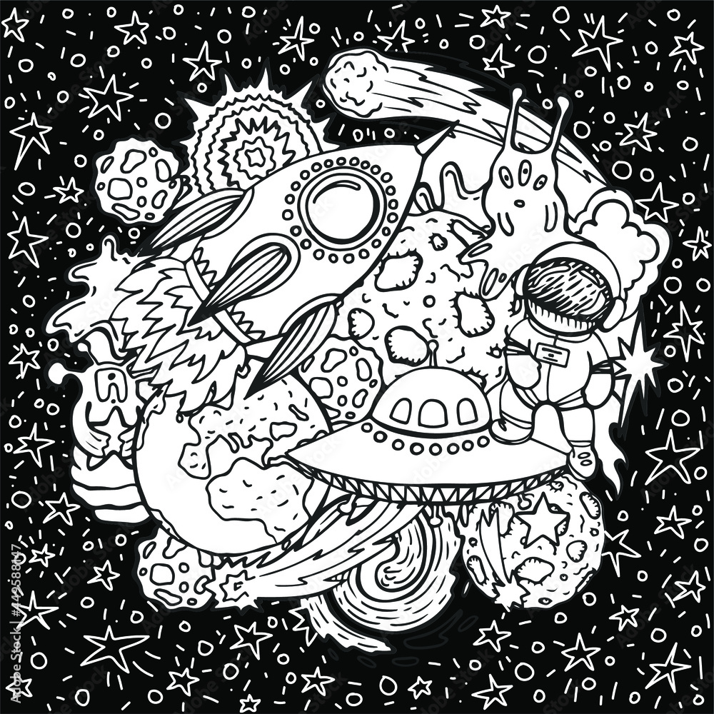 Cheerful vector hand drawn illustration about the adventures of an ...