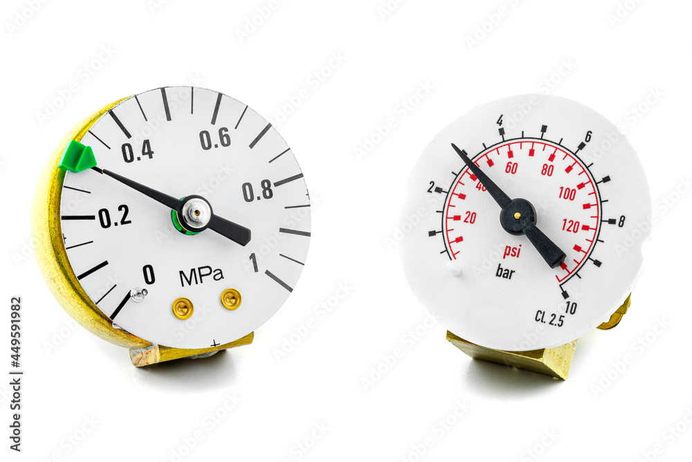 Macro photo of a scale of two pressure gauges to 10 BAR showing a ...