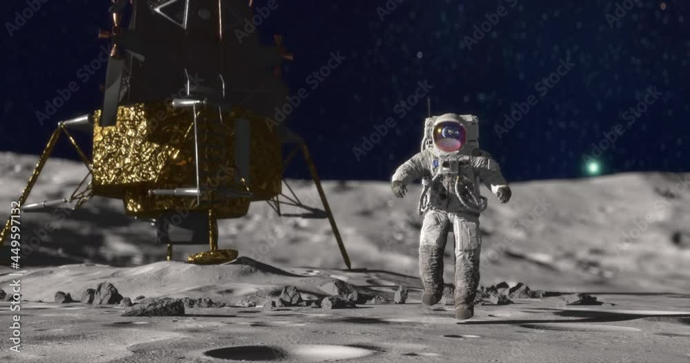 Landing on The Moon. An astronaut in space suit walking on Moon surface ...