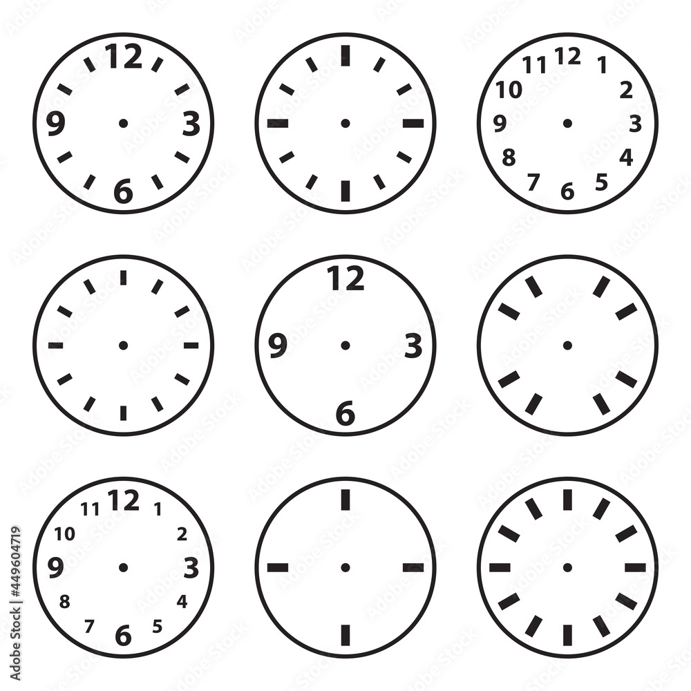 Clock face icon set, watch dial with numbers, black isolated on white ...