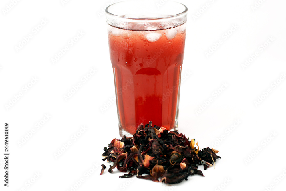 Fresh refrigerated Roselle juice glass with dried Roselle herbs ...
