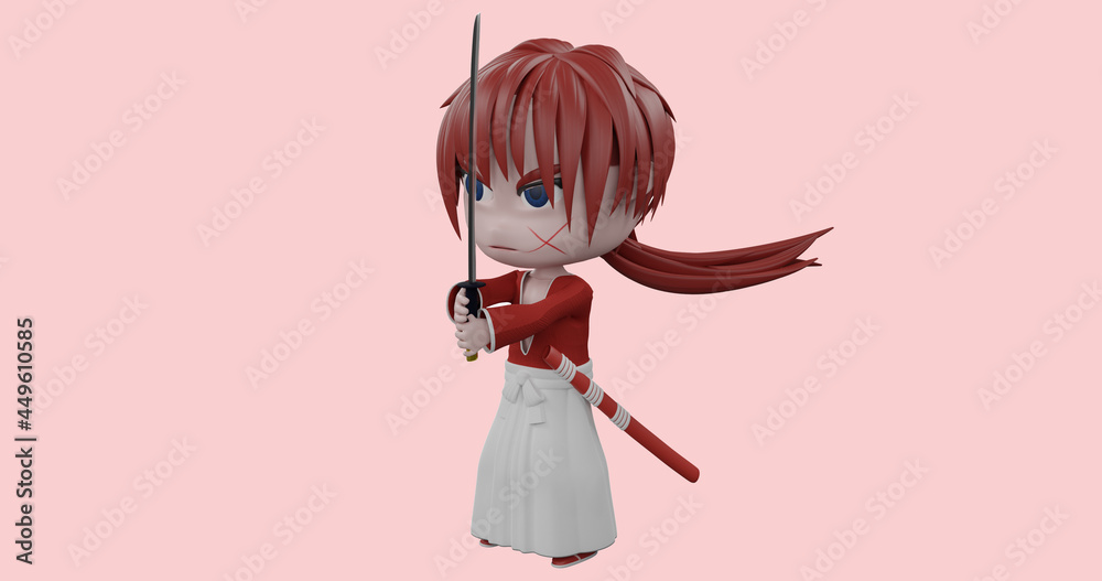 3D illustration of samurai character with X shaped scar. Holding Katana ...