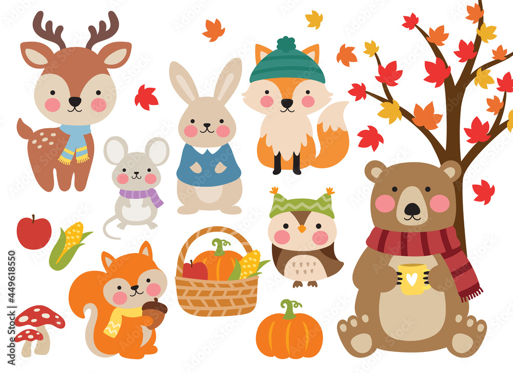 Cute fall woodland animals including a bear, deer, fox, mouse, rabbit ...