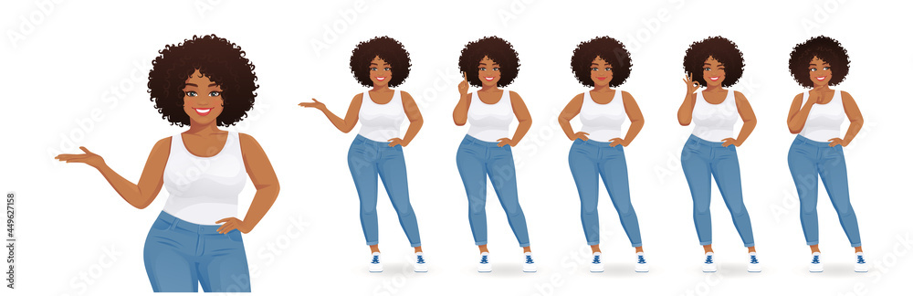 Young happy beautiful black plus size woman wearing jeans in different ...