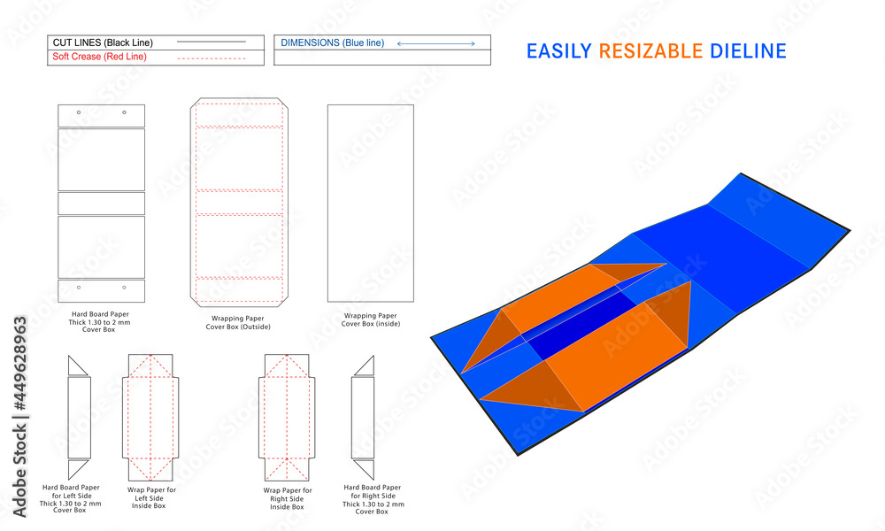 Foldable and Collapsible rigid box dieline and 3D box editable easily ...