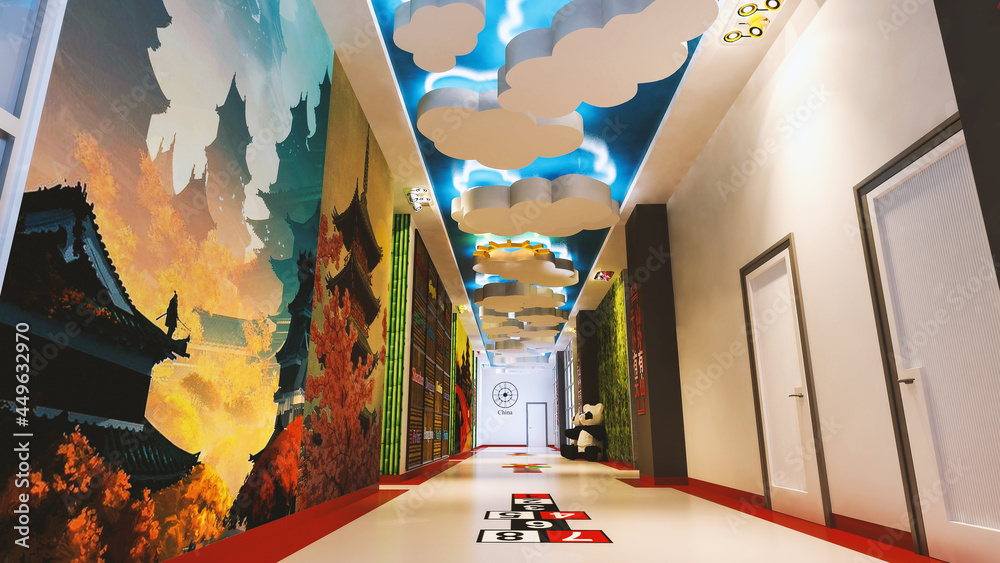 3d interior design, school corridor, bulut motifli tavan, beyaz ...