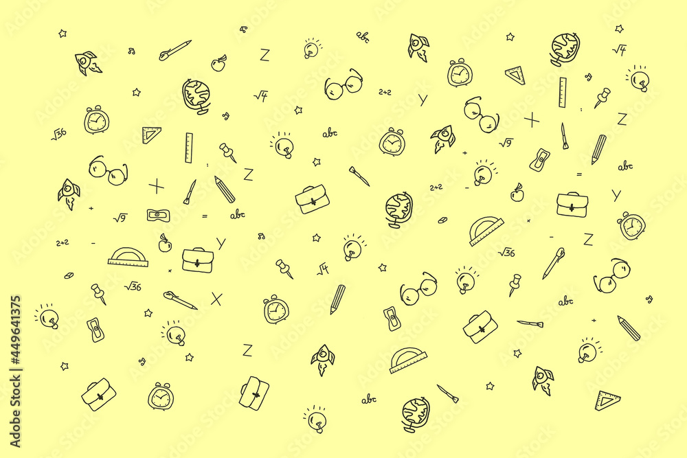 Hand-drawn school supplies on a yellow background. School background ...