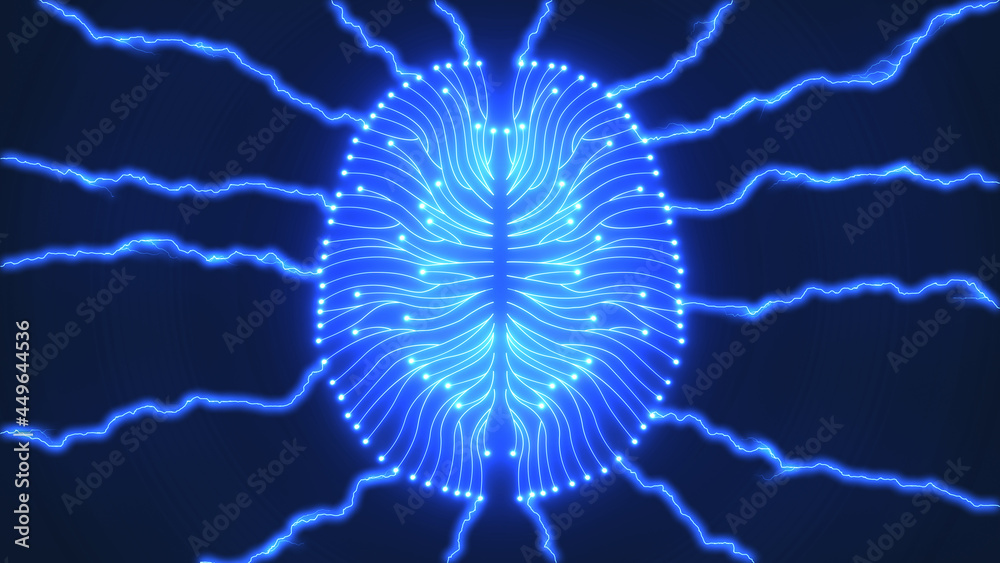 Glowing blue computer brain with lightning bolts of electricity ...