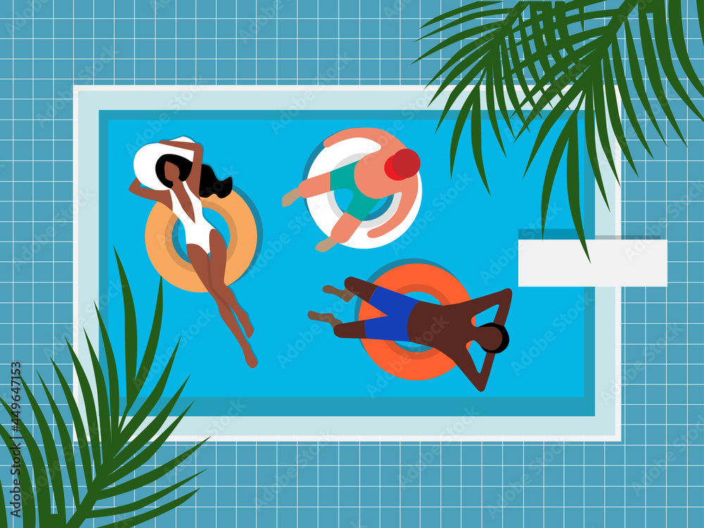 People chilling on the pool float in the swimming pool, enjoy summer ...