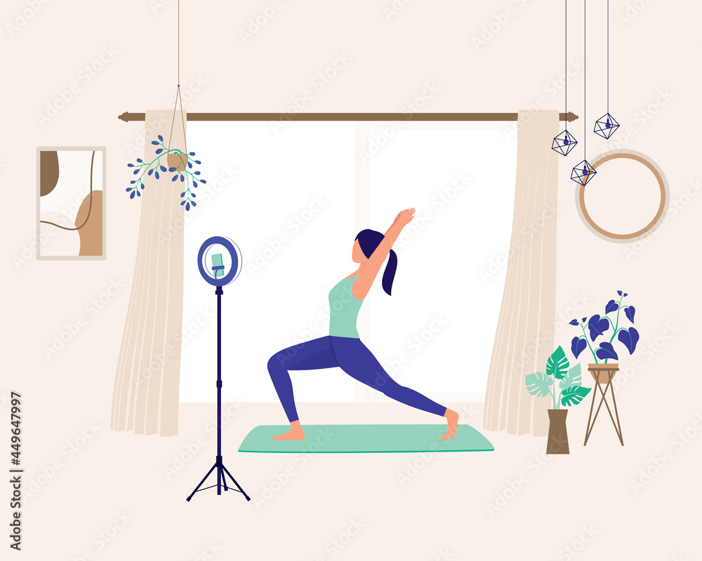 Side View Of A Young Woman Teaching Yoga On Live Streaming At Home ...
