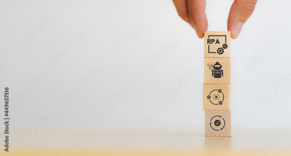RPA Robotic process automation innovation technology concept. Wooden ...