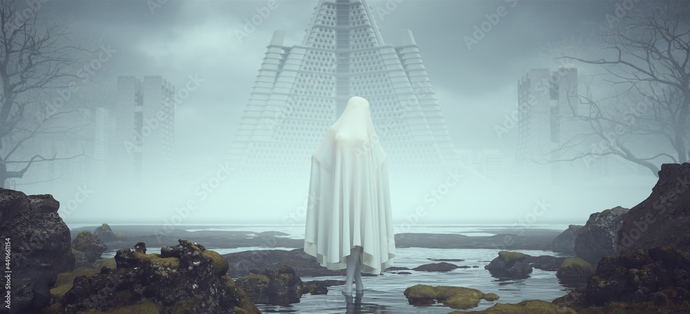 Futuristic Sci Fi Evil Spirit Ghost Woman Hands on Hips Water in Alien ...