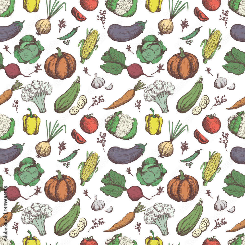 Freehand drawing vegetables. Vegetables seamless pattern. Linear ...