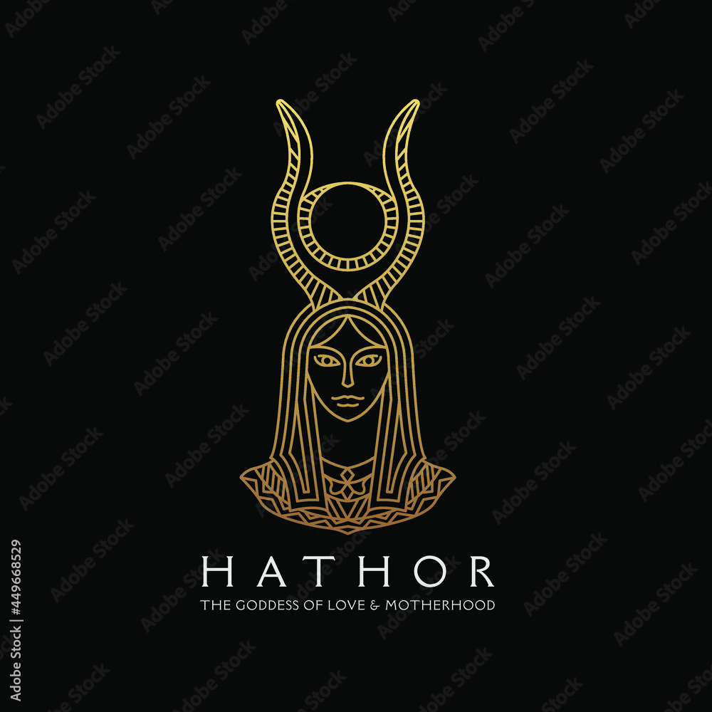 Hathor egyptian goddess with line style logo icon design template ...