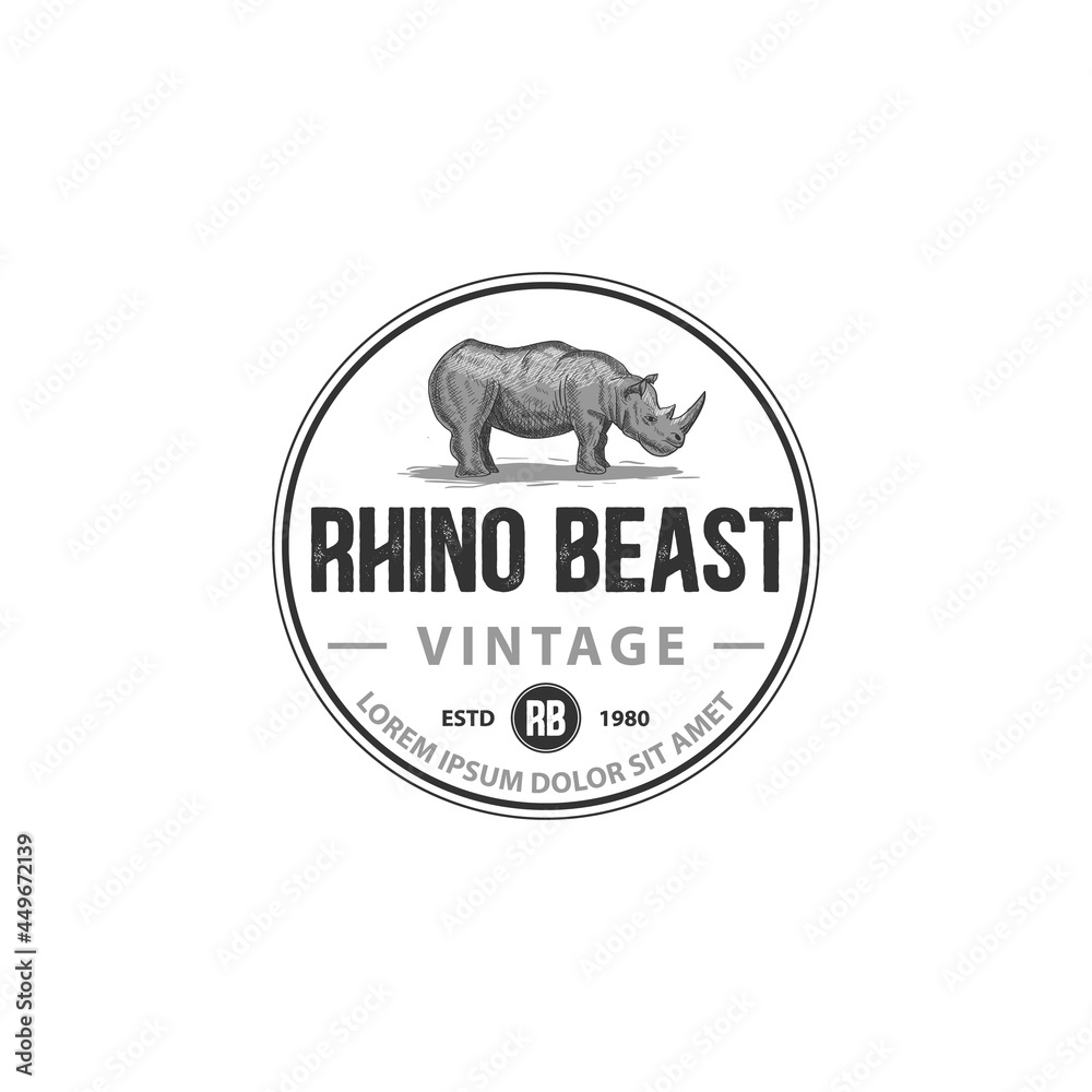 Rhino Beast vintage classic retro with engraving crosshaching logo ...