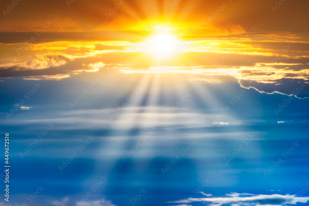 Sunset sky with sun rays and sunset clouds Stock Photo | Adobe Stock