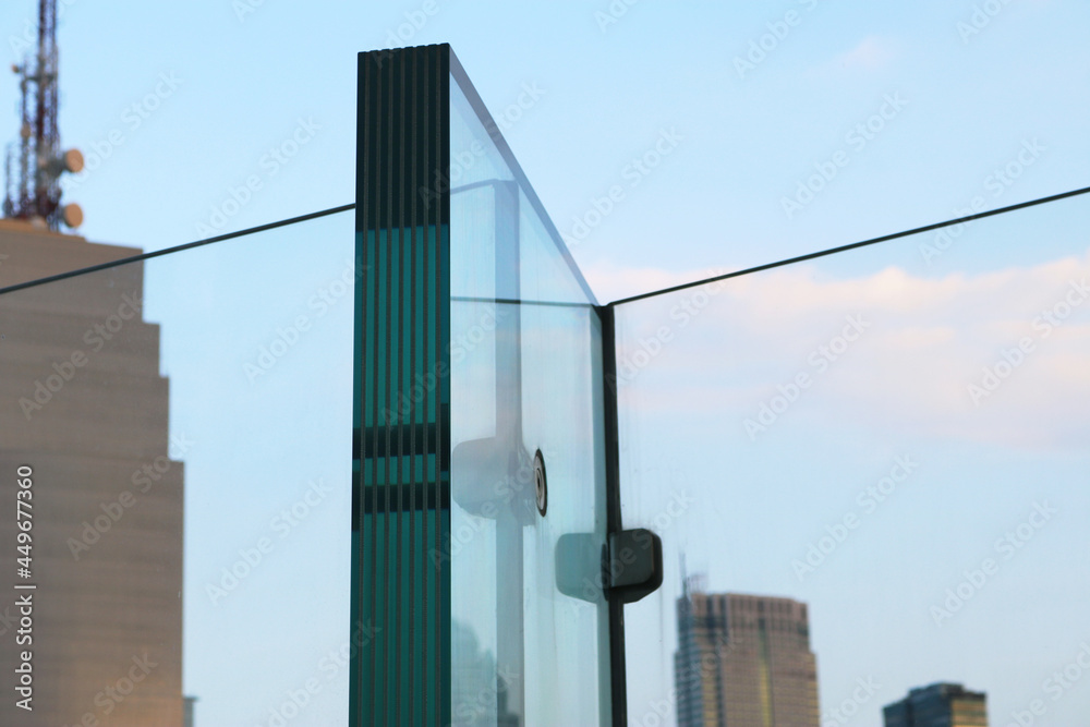 Frameless laminated glass balcony railing special layer. Stock Photo ...