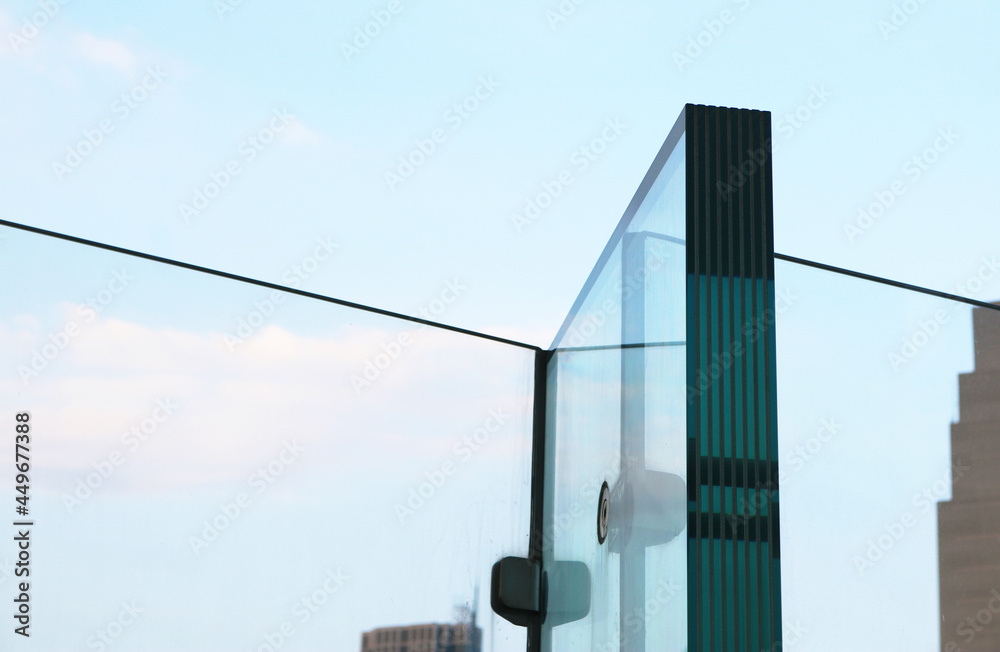 Frameless laminated glass railing special eight layer. Stock Photo ...