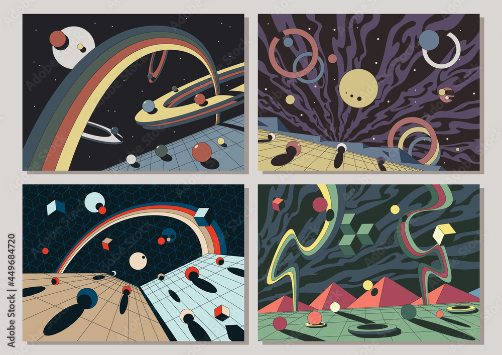 Abstract Illustrations, Psychedelic Space Posters Set, Geometric Shapes ...