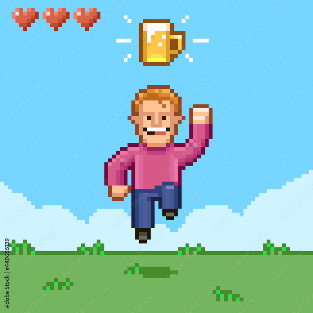 colorful simple flat pixel art illustration of cartoon smiling male ...
