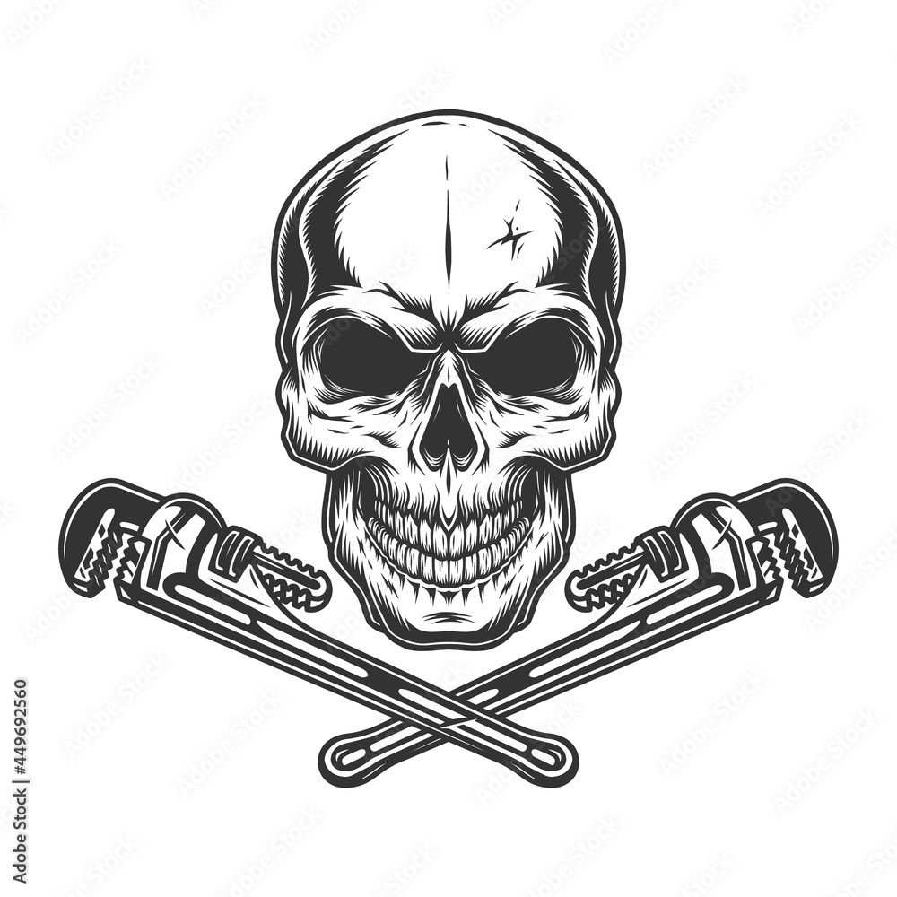 Skull and crossed pipe wrenches Stock Vector | Adobe Stock