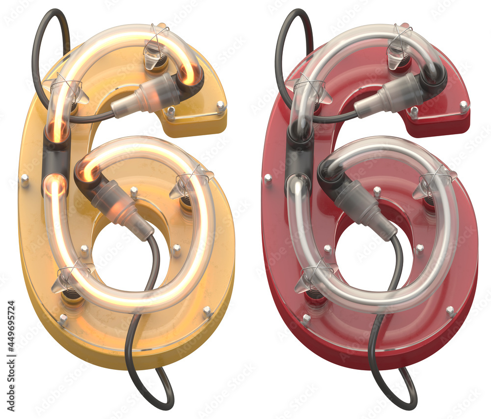 Red and Yellow neon font. Turn off, on. Number 6. Stock Photo | Adobe Stock